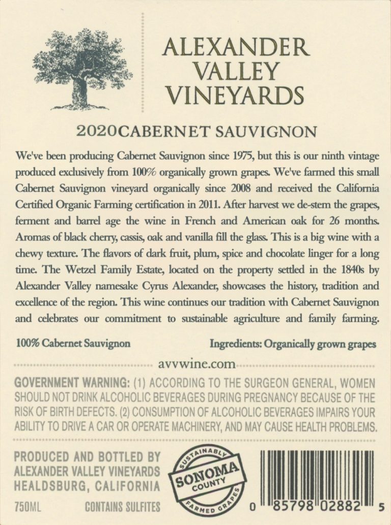 Alexander Valley Vineyards Cabernet Organically-Grown Back Label