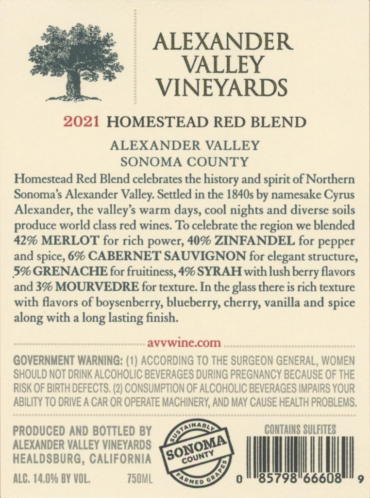 Alexander Valley Vineyards Homestead Red Blend Back Label