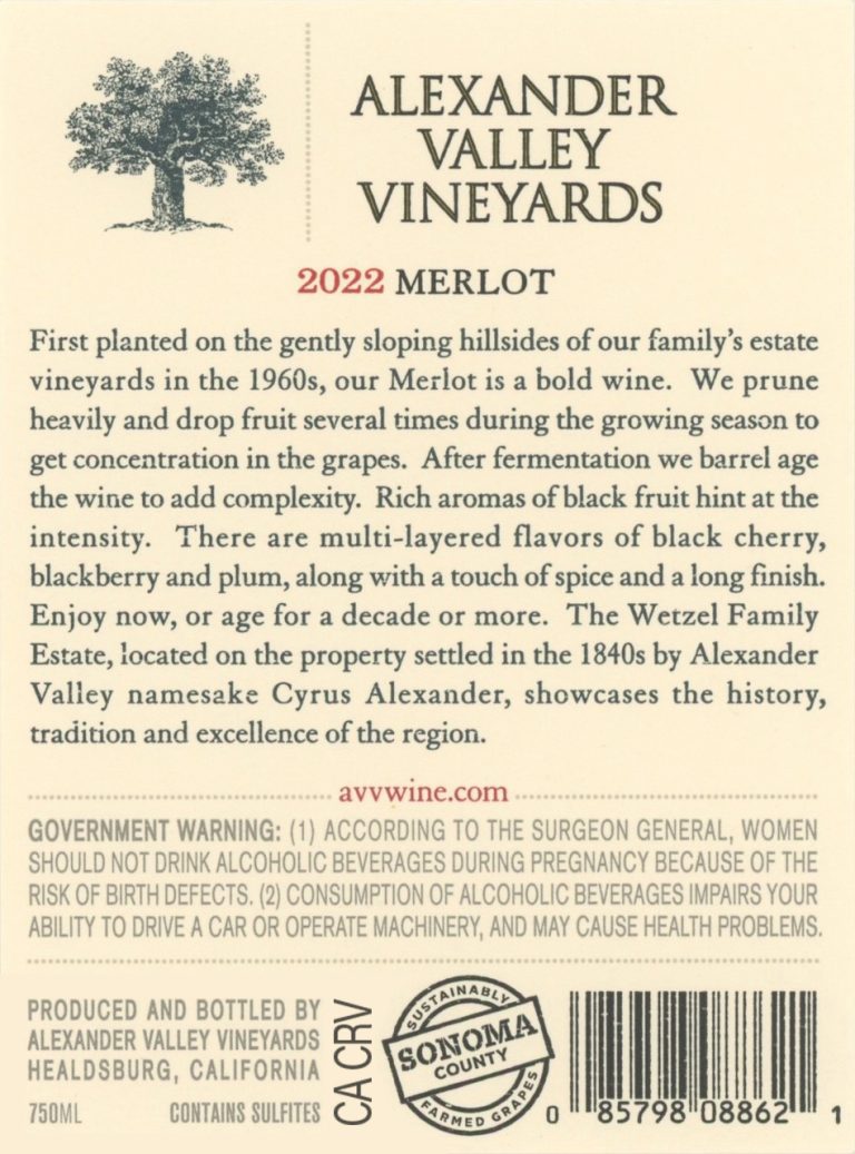 Alexander Valley Vineyards Merlot Back Label