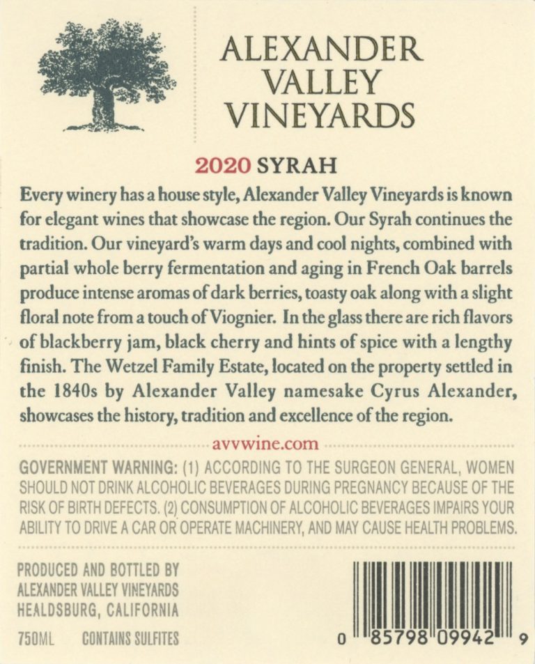 Alexander Valley Vineyards Syrah Back Label